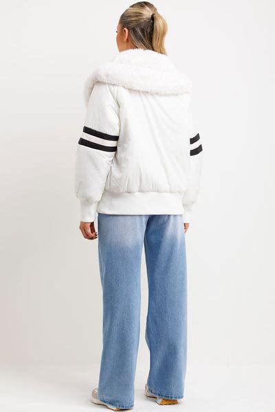 Womens Aviator Bomber Jacket With Faux Fur And Stripe Detail White