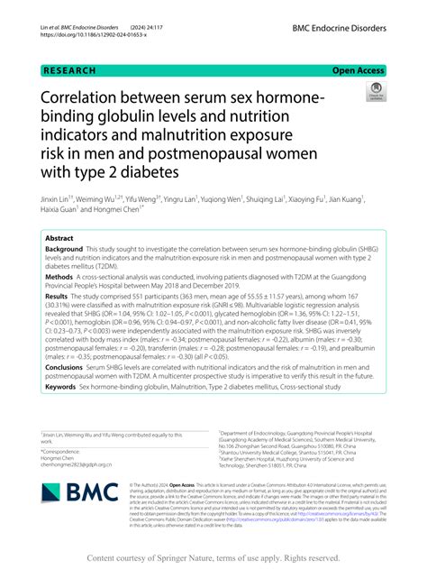 Pdf Correlation Between Serum Sex Hormone Binding Globulin Levels And Nutrition Indicators And