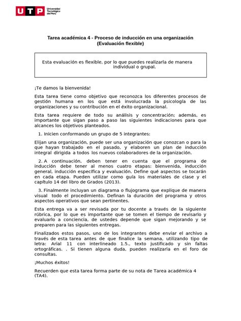 Ac S15 Semana 15 Tarea Académica 4 Ta4 Proceso De Inducción En Una Organización