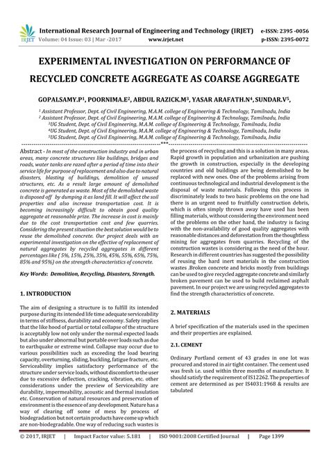 Experimental Investigation On Performance Of Recycled Concrete Aggregate As Coarse Aggregate Pdf