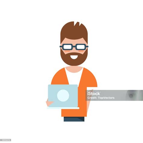 전문 프로그래머 Charatcter 남자는 흰색 바탕에 노트북 컴퓨터 벡터 일러스트 레이 션을 들고 웃 고 개념에 대한 스톡 벡터 아트 및 기타 이미지 Istock