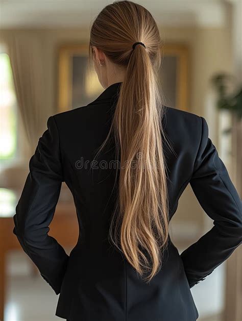 Confident Businesswoman In A Black Suit With Long Hair Tied Back Stock