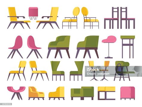 녹색 분홍색 노란색의 의자 의자 및 오스만 플랫 벡터 컬렉션 다양한 단축 전망 인테리어 장식에 좋은 다른 가구 현대 모양 의자에 대한 스톡 벡터 아트 및 기타 이미지