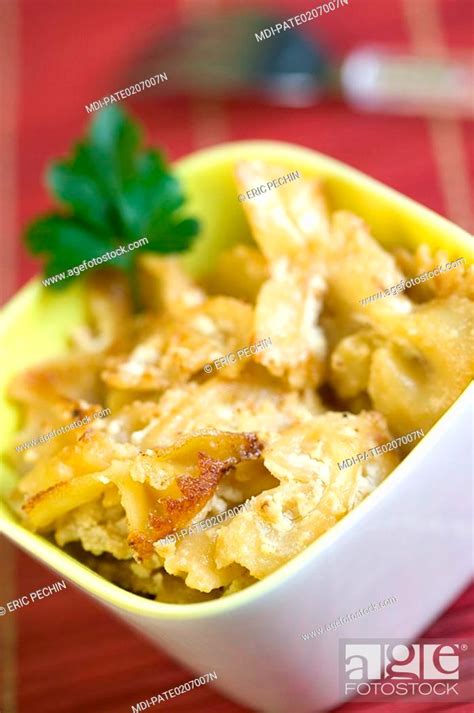 Small Ramequins Of Farfalle With Cottage Cheese And Guerand Salt Stock