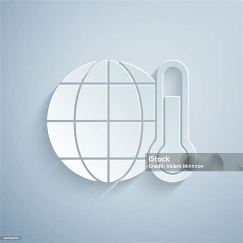 종이 는 회색 배경에 고립 된 지구 온난화 아이콘에 녹는 행성 지구를 잘라 생태 학적 문제 및 솔루션 온도계 종이 아트 스타일 벡터 3차원 형태에 대한 스톡 벡터 아트 및