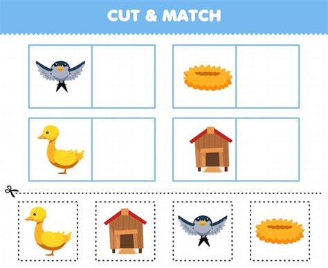 어린이를 위한 교육 게임은 귀여운 만화 새 둥지 오리장 인쇄 가능한 농장 워크시트의 동일한 그림을 잘라서 일치시킵니다 프리미엄 벡터