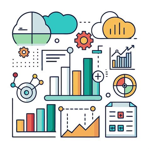 Colorful Infographic With A Cloud Clock Gear Bar Graphs Pie Charts And Charts With Line Graphs