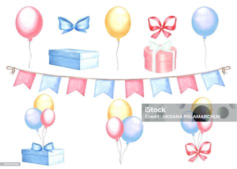 선물 상자 활 및 깃발 화환이 있는 헬륨 풍선 생일 축하합니다 클립아트 모음 손으로 그린 수채화 일러스트 축제 세트입니다 카드 인쇄를 위한 휴일 훈장의 고립된 템플렛 0명에
