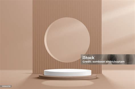 그림자에 현대 흰색 갈색 실린더 받침대 연단 추상 베이지 색 최소 벽 장면 수직 선 텍스처가 있는 기하학적 배경입니다 벡터 렌더링 3d 모양 제품 디스플레이 프리젠 테이션