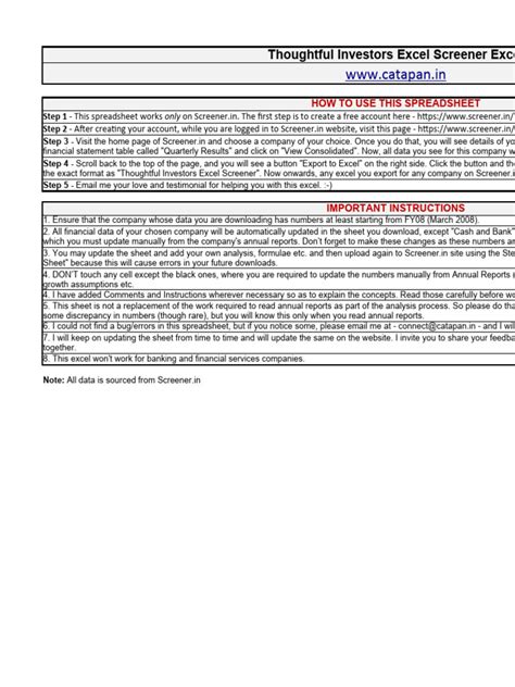 Thoughtful Investors Excel Screener Pdf Dividend Equity Finance