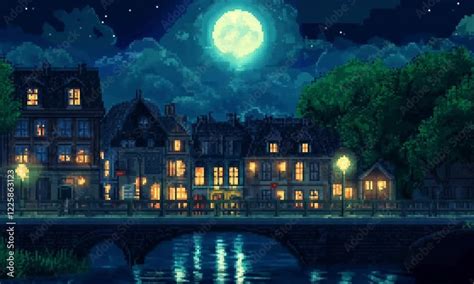 Quaint Pixel Art Town With Rippling River Under A Full Moon Pixelart Style Cartoon Looping