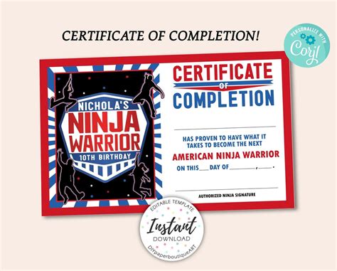 Ninja Warrior Certificate Certificate Of Completion Course Completion