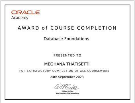 Finished Dbms Course By Oracle Academy Meghana Thatisetti Posted On