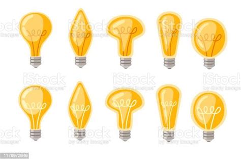 흰색 배경에 고립 된 평면 만화 백열 램프 노란색 복고풍 전구 벡터 일러스트 의 집합 개체 그룹에 대한 스톡 벡터 아트 및 기타