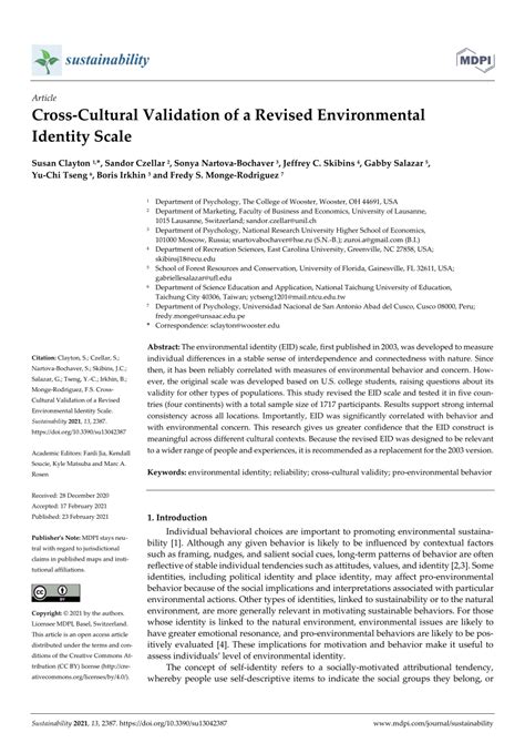 Pdf Cross Cultural Validation Of A Revised Environmental Identity Scale