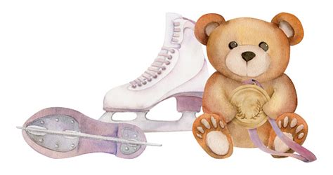 손으로 그린 수채화 물감 귀여운 봉제 인형 곰과 피겨 스케이팅 부츠 겨울 스포츠 장비 흰색 배경에 분리된 그림입니다 디자인 포스터 인쇄물 웹 사이트 카드 초대장 상점 브로셔