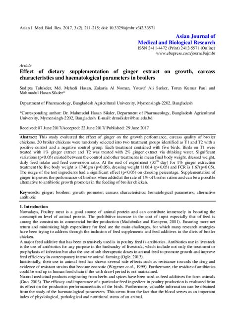 Pdf Effect Of Dietary Supplementation Of Ginger Extract On Growth Carcass Characteristics And