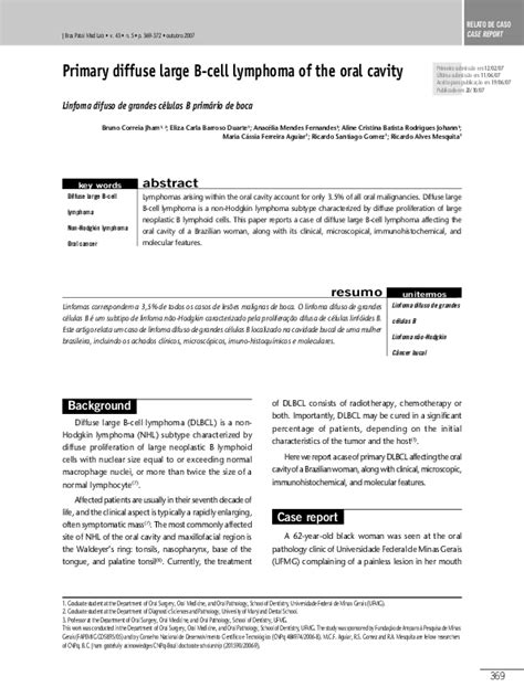 Pdf Diffuse Large B Cell Lymphoma Of The Oral Cavity