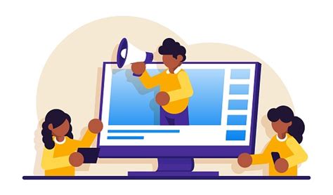 온라인 비디오 통신 또는 온라인 학습 웨비나 비즈니스에서 비디오 프리젠 테이션 및 교육 현대 플랫 일러스트 개념에 대한 스톡 벡터 아트 및 기타 이미지 Istock