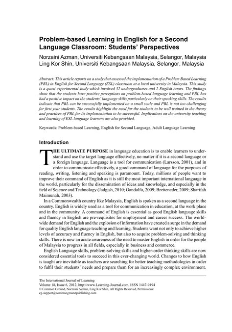 Pdf Problem Based Learning In English For A Second Language Classroom