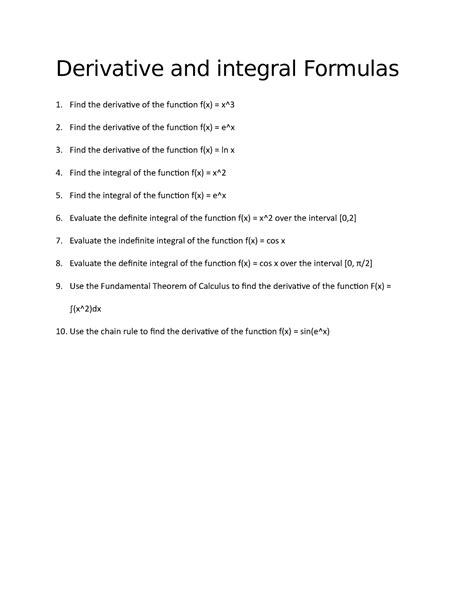Derivative And Integral Formulas The Derivative Of F X E X Is F X E X The Derivative