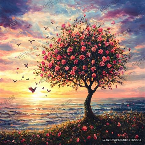 Ai创作图开花的树油画 浪漫风景画 一树的蔷薇 浪漫花树 梦幻花鸟油画 茶树油画 Tif唯美油画 唯美花鸟风景画 风景开满花的树 现代画家居饰