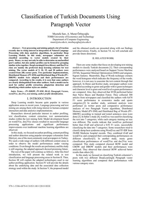 Pdf Classification Of Turkish Documents Using Paragraph Vector
