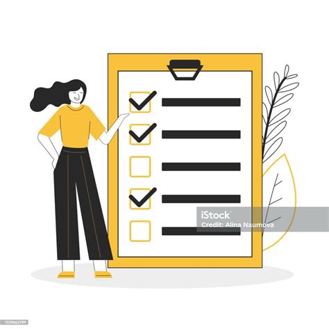 만화 소녀 노트 문서에서 작업을 완료 노트 체크리스트에 체크 표시를 표시하는 비즈니스 우먼 종이에 할 일 목록 시간 관리 미리 알림 벡터에 대한 스톡 벡터 아트 및 기타