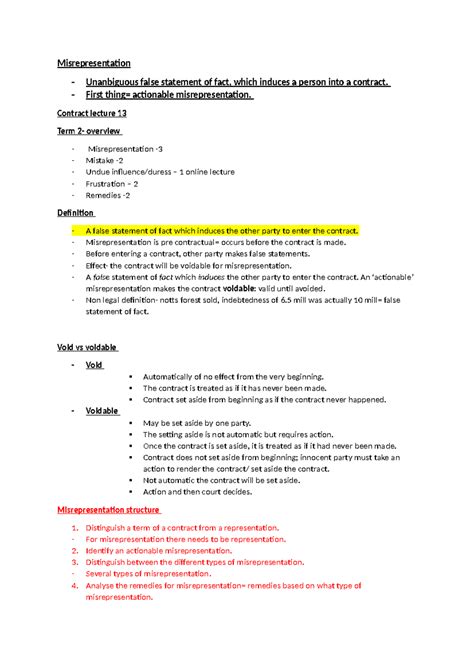 Misrepresentation Lecture Misrepresentation Unanbiguous False Statement Of Fact Which