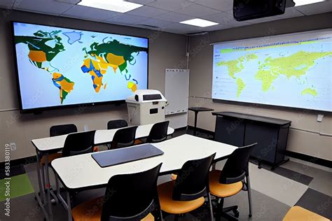 School Classroom With Interactive Smart Board Laptop And Projector For Modern Learning