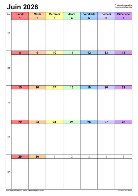 Calendrier Juin 2026 Pdf Excel Et Word Calendarpedia