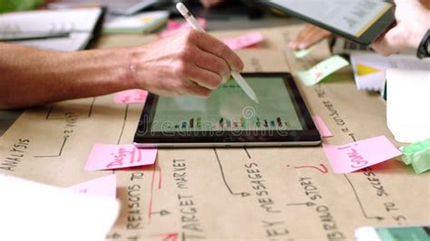 Hands Tablet And Team Brainstorming Sticky Notes Or Data Analysis For Group Project In Office