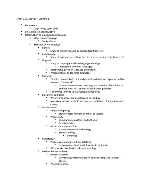 Anth 2301 Notes 1 Anth 2301 Notes Lecture 1 Four Exams O Open Note Open Book Final Exam Is