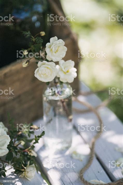 아름다운 엽서 나무 테이블에 병과 흰 장미의 빈티지 구성 여름 오래된 영화 스타일로 처리 0명에 대한 스톡 사진 및 기타 이미지 Istock