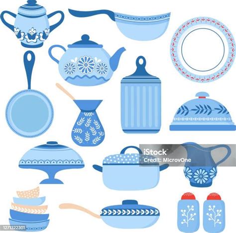 만화 조리기구 주방 그릇과 유리 제품 요리 컵 및 주전자 조리 도구 벡터 격리 세트 가정 주방에 대한 스톡 벡터 아트 및 기타