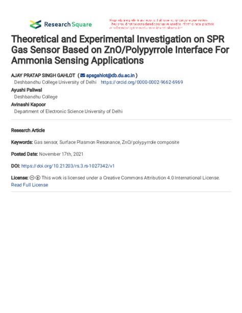 Pdf Theoretical And Experimental Investigation On Spr Gas Sensor