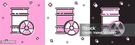 분홍색과 흰색 검은 색 배경에 고립 된 배럴 아이콘에 방사성 폐기물을 설정합니다 독성 쓰레기 통 방사성 쓰레기 배출 환경 오염 벡터 0명에 대한 스톡 벡터 아트 및 기타