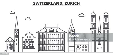 스위스 취리히 건축 선 스카이 라인 일러스트입니다 유명한 랜드마크 시티 명소와 선형 벡터 풍경 디자인 아이콘 편집 가능한 선 프리 취리히에 대한 스톡 벡터 아트 및 기타