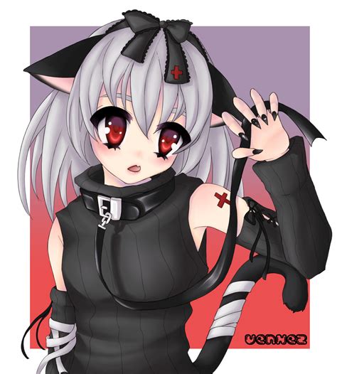 Anime Girl Black Hair Red Eyes Neko