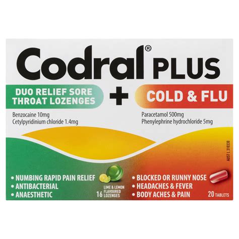 Codral Plus Duo Relief Sore Throat 16 Lozenges Cold And Flu 20 Tablets