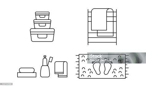 욕실 액세서리 개요 벡터 아이콘입니다 Eps 10 치약 칫솔 표지판 위생 비누 배지 수건 그림 개인 위생 개념 세트 흰색에 격리된 아이콘입니다 매트 조직 서명 개성 개념에