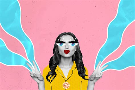 3d 사진 콜라주 합성물 트렌드 삽화 스케치 이미지 검정 흰색 실루엣 패션 스타일 레이디 찡그린 얼굴 메이크업 보여 주다 몸짓 안녕 두 손가락 20 24세에 대한 스톡 사진