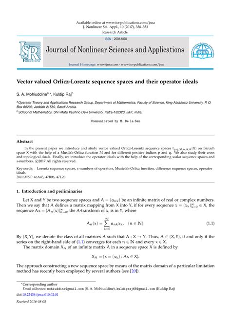 Pdf Vector Valued Orlicz Lorentz Sequence Spaces And Their Operator Ideals
