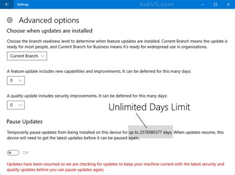 Windows 10 Tip Change Maximum Days Limit To Pause Windows Updates Installation AskVG