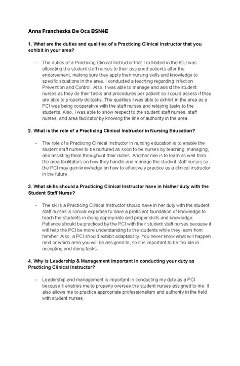 Pci Essay Notes Anna Francheska De Oca Bsn4e 1 What Are The Duties And Qualities Of A