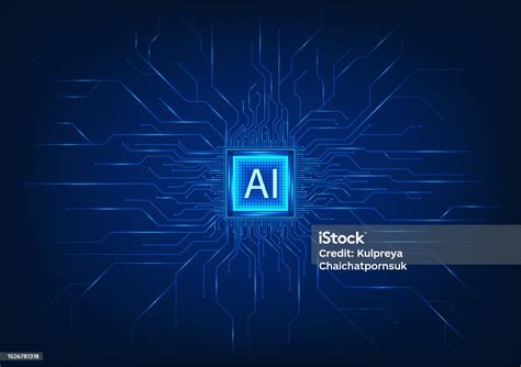 이 미래 지향적인 벡터 일러스트레이션을 통한 인공 지능 기술의 힘 회로 기판으로 둘러싸인 파란색 톤의 마이크로칩은 Ai가 현대 기술에 매끄럽게 통합됨을 의미합니다 0명에