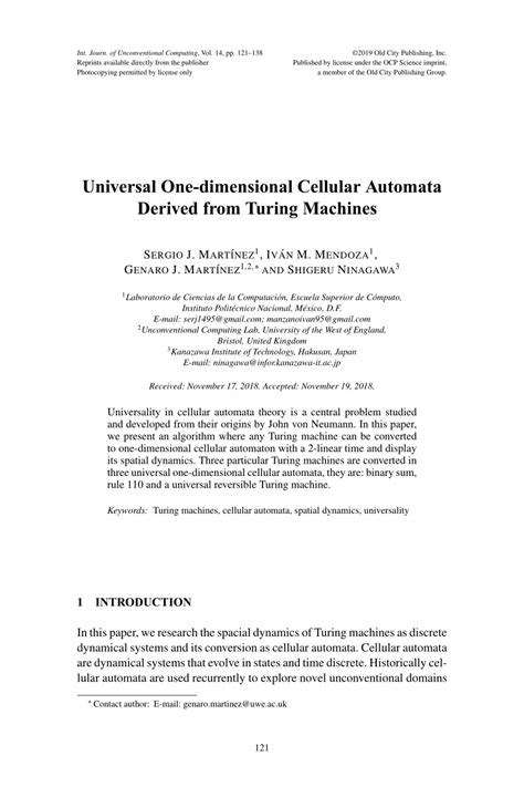 Pdf Universal One Dimensional Cellular Automata Derived For Turing Machines And Its Dynamical