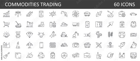 World Commodities Trading 60 Line Outline Icon Set Vector Illustration