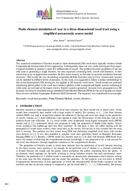 Pdf Finite Element Simulation Of Asa In A Three Dimensional Vocal Tract Using A Simplified