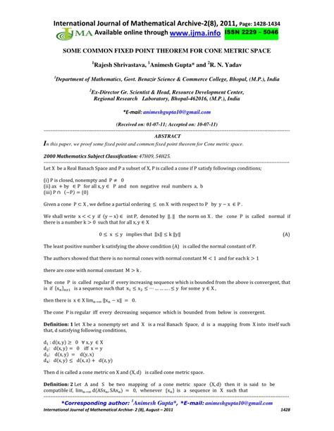 Pdf Some Common Fixed Point Theorem For Cone Metric Space